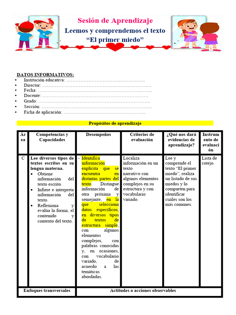 3° Sesión Día 3 Com Leemos y Comprendemos El Texto El Primer Miedo Experiencia 2 Semana 3 | PDF ...