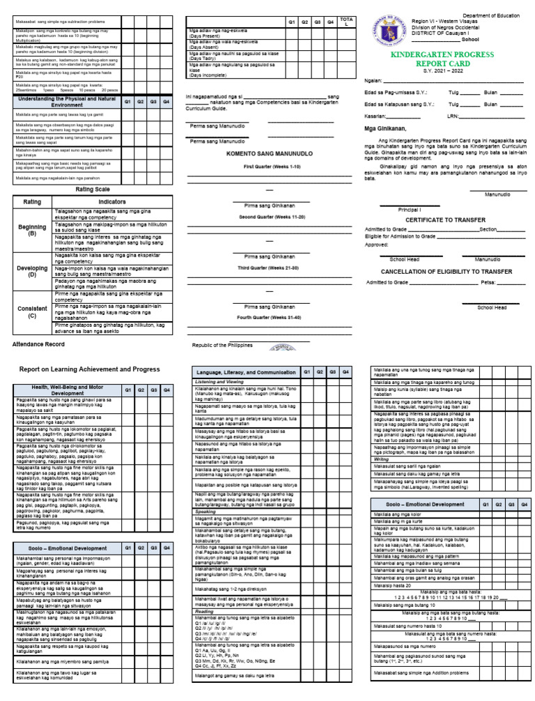 Progress Report CardKindergarten HILIGAYNON 11 2 1 | PDF