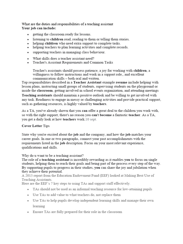 What Are The Duties and Responsibilities of A Teaching Assistant | PDF ...