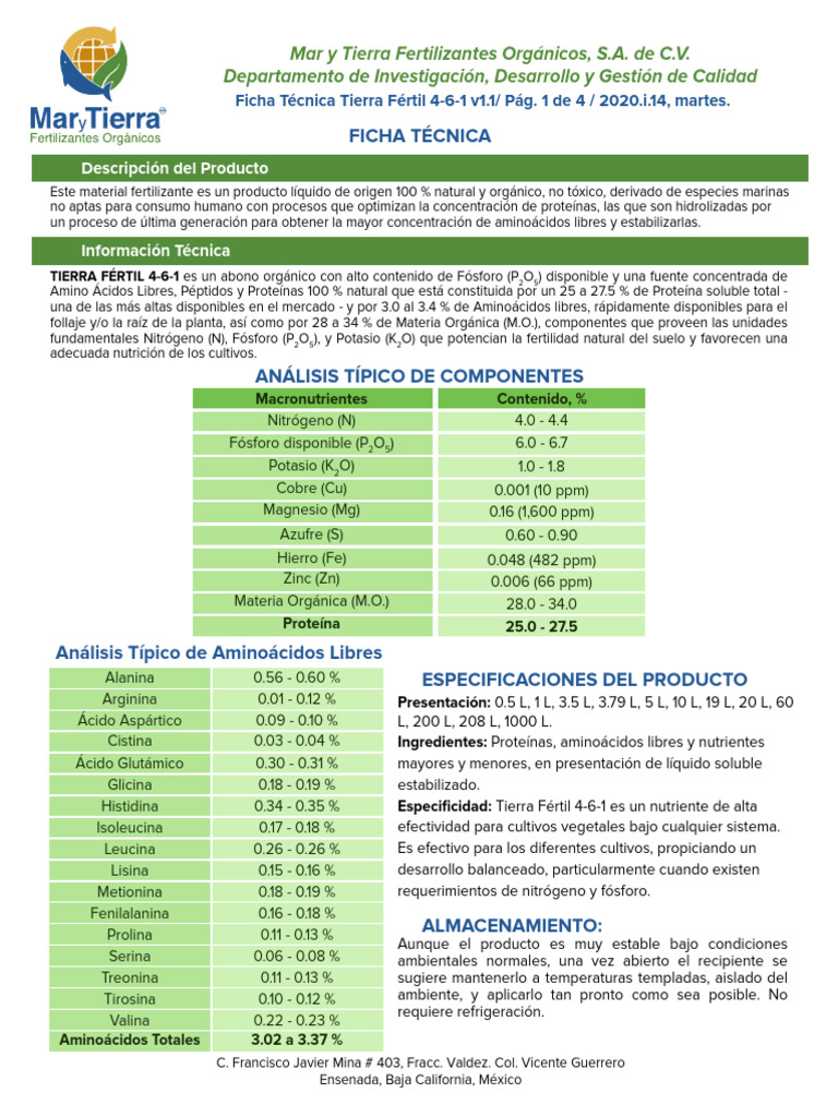 Tierra Fertil 4 6 1 Fich. Tec. | PDF | Fertilizante | Agua