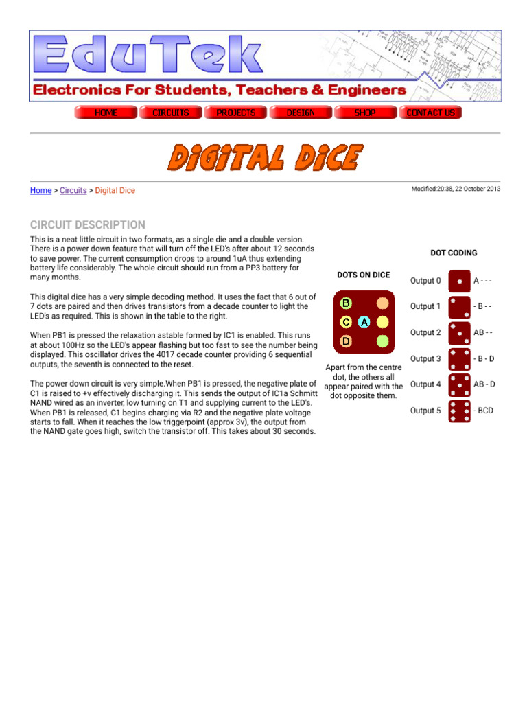 Digital Dice - Electronic Circuits and Projects - EduTek LTD | PDF ...