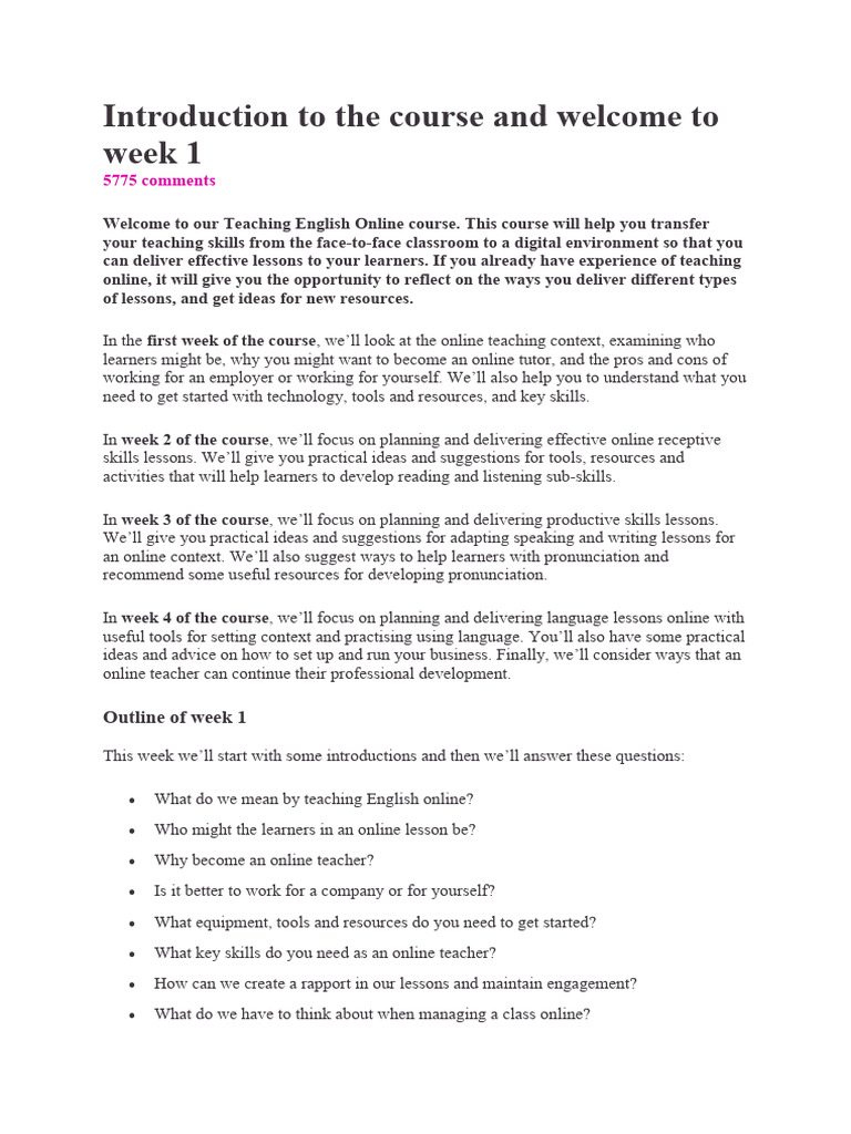 Teaching English Online: Week 1 Overview | PDF | Educational Technology | Learning