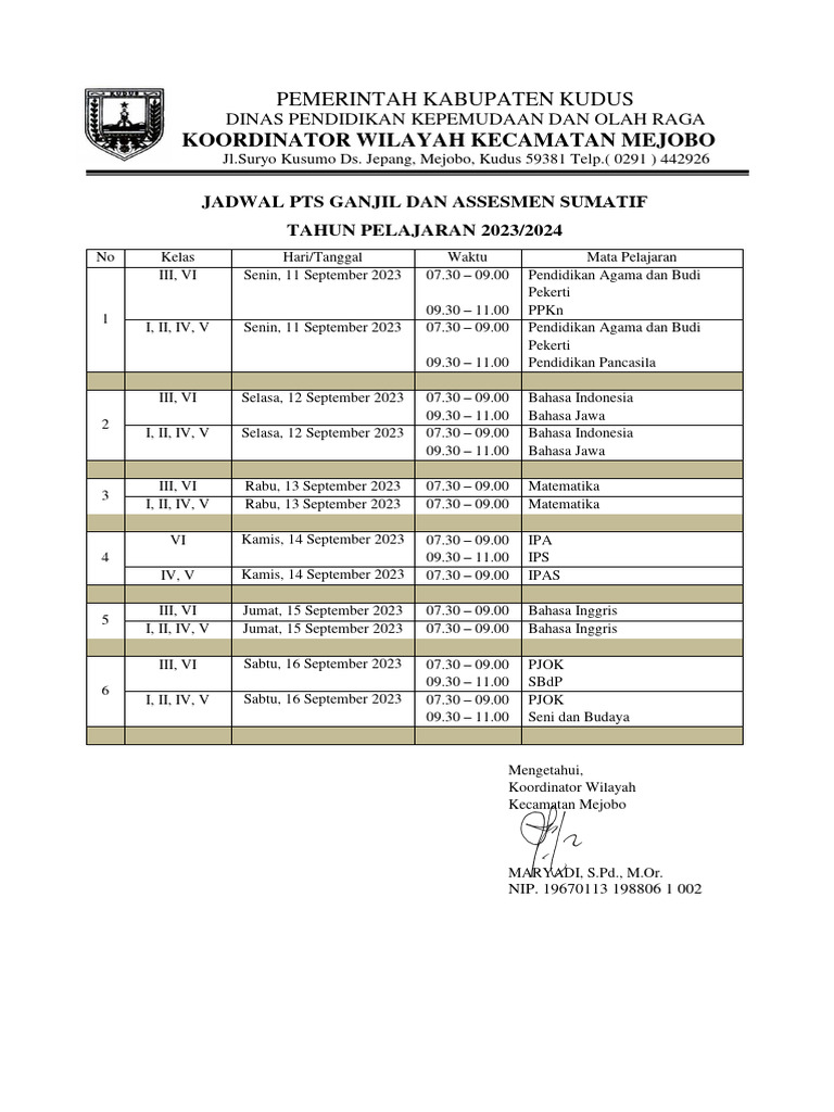 Jadwal PTS Ganjil 2023/2024 | PDF