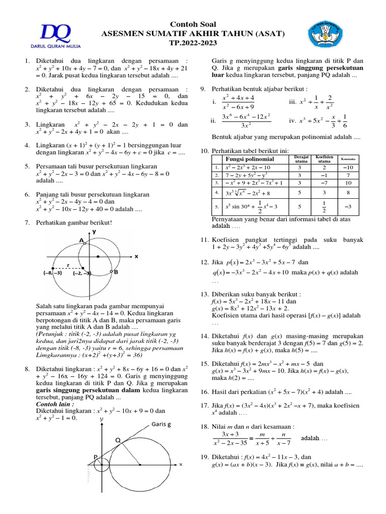 Contoh Soal ASAT MatMin Kelas 11 - 2022-2023 | PDF