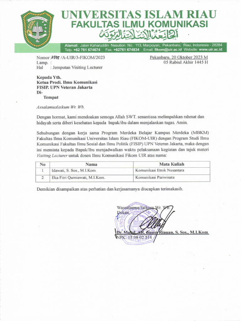 Undangan Visiting Lecturer Fikom UIR | PDF