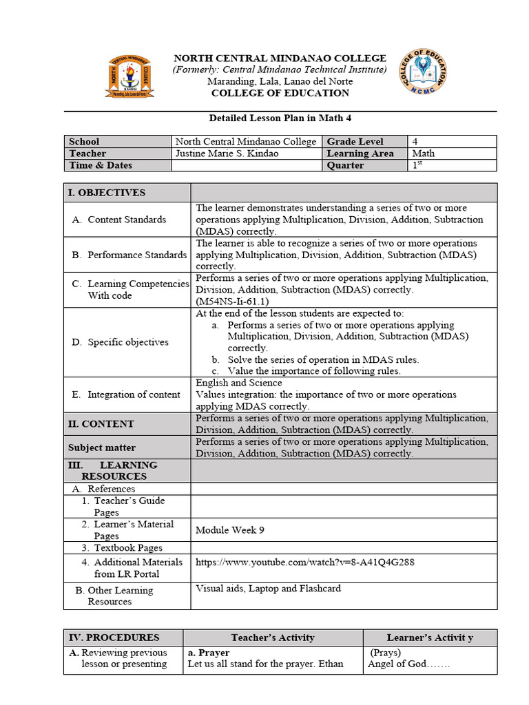Lesson Plan Grade 4 Math | PDF | Teachers | Learning