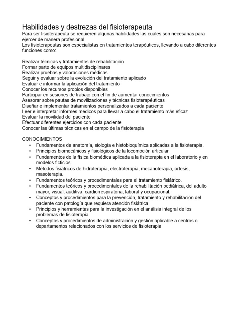 Habilidades y Destrezas Del Fisioterapeuta | PDF