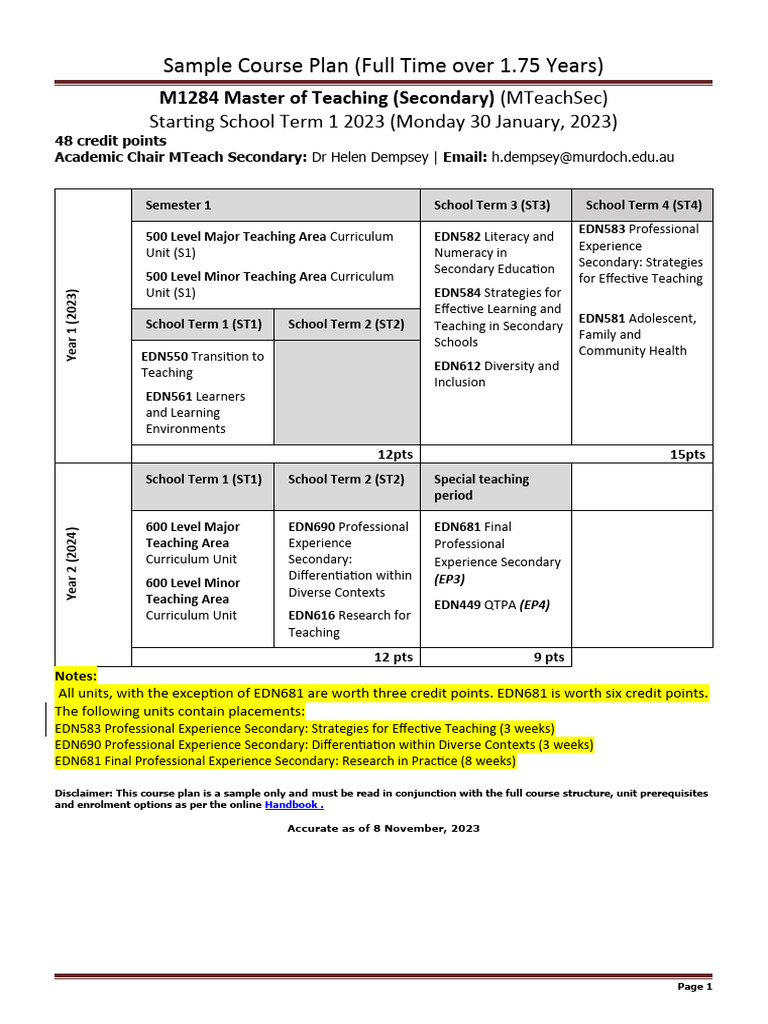 Master of Teaching Secondary Course Plan | PDF | Vocational Education ...