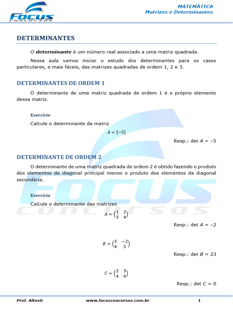 Focus Concursos MATEMÁTICA I - Determinan 1 | PDF | Determinante ...
