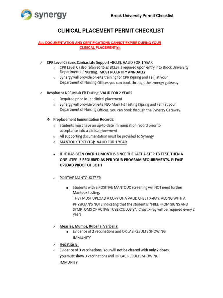 CLINICAL PLACEMENT PERMIT CHECKLIST Brock University | PDF ...