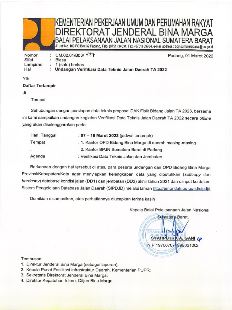 Undangan Verifikasi Data Teknis Jalan Daerah 2022 | PDF