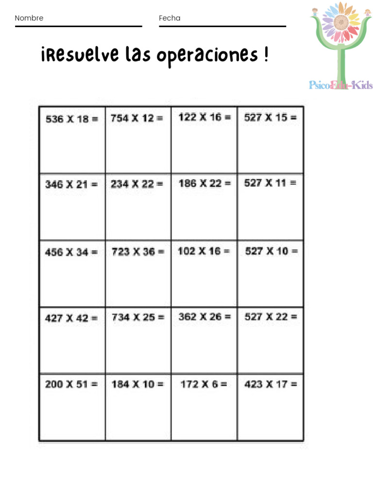 Multiplicaciones y Problemas para Primaria | PDF