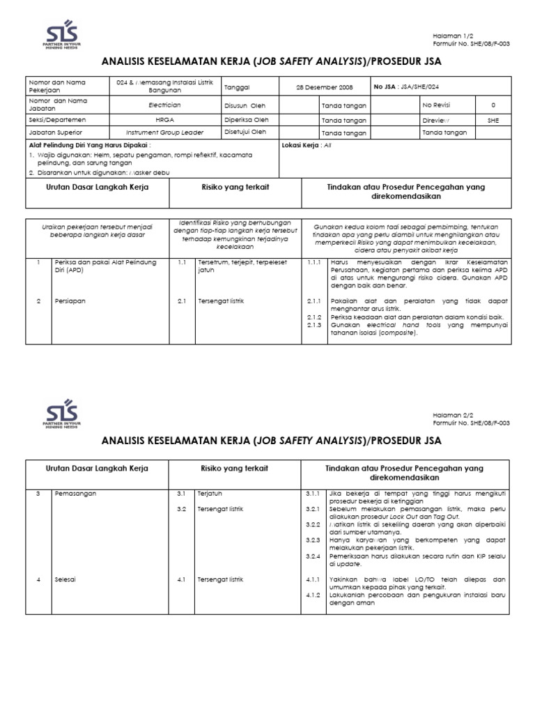 JSA Memasang Instalasi Listrik Bangunan | PDF JSA Memasang Instalasi Listrik Bangunan | PDF