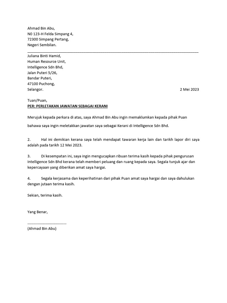 Contoh Surat Berhenti Kerja | PDF