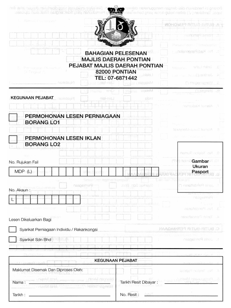Borang Permohonan Lesen Pihak Berkuasa Tempatan PBT | PDF