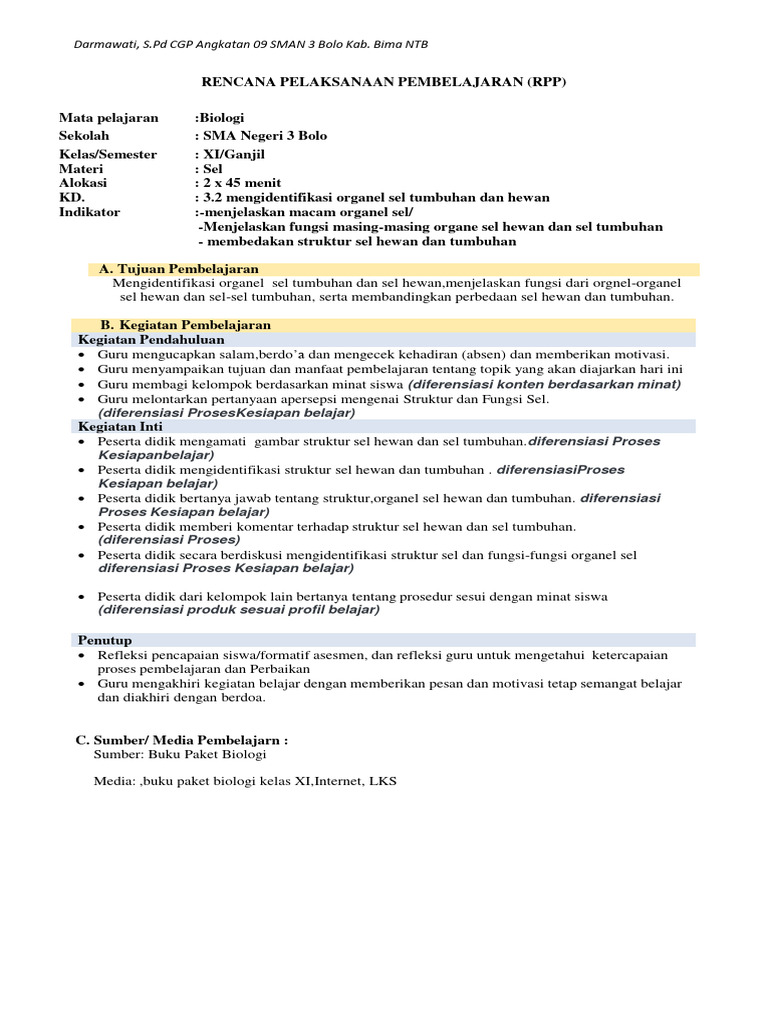 Contoh RPP Berdiferensiasi Biologi | PDF