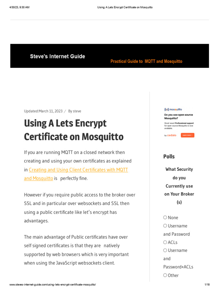 Using A Lets Encrypt Certificate On Mosquitto Pdf Public Key Certificate World Wide Web
