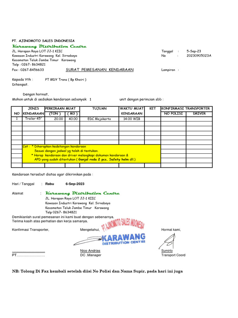Surat Pemesanan Kendaraan | PDF