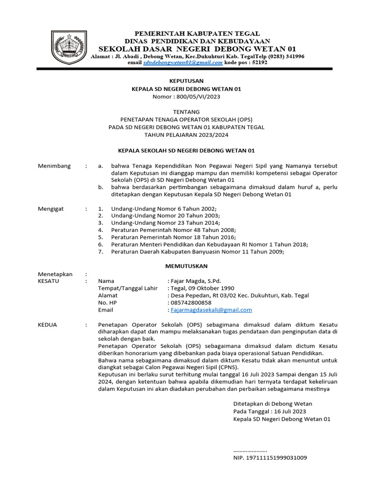 Format SK Operator Dan Permohonan Akun Dapodik | PDF