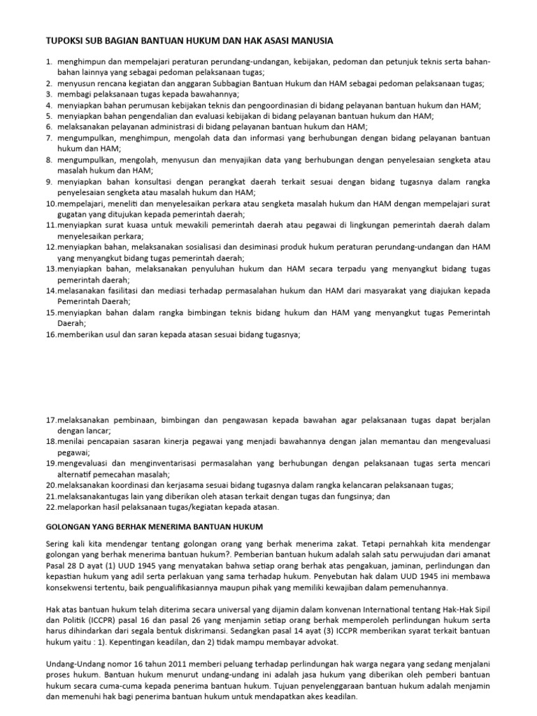 Tupoksi Sub Bagian Bantuan Hukum Dan Hak Asasi Manusia | PDF