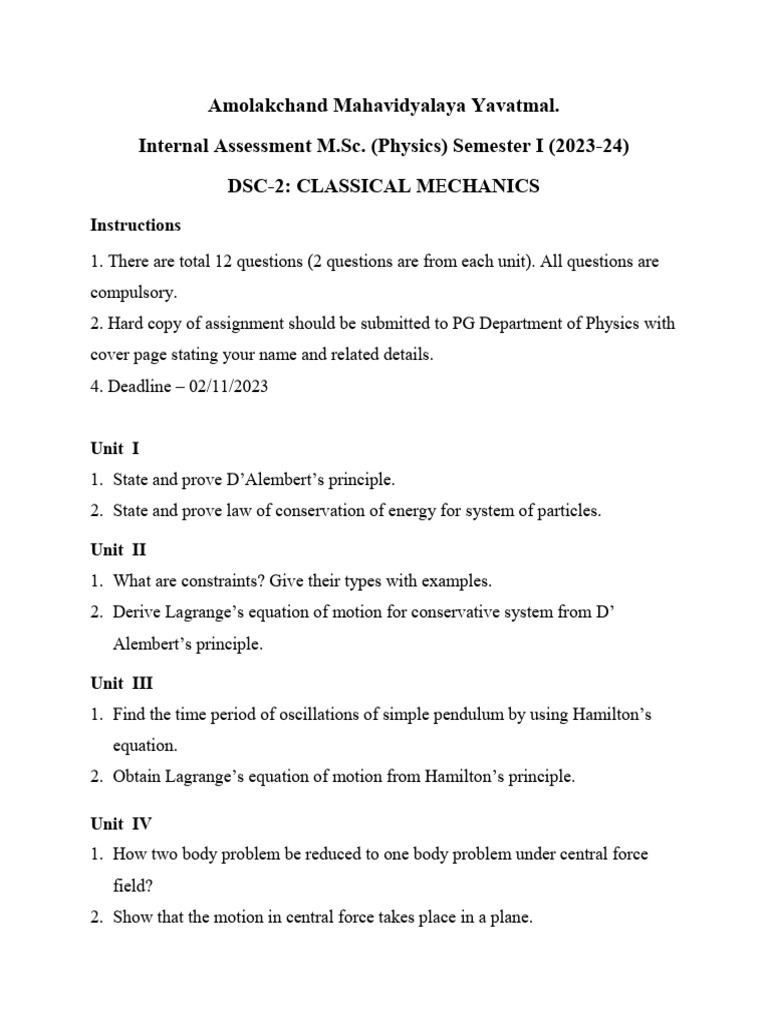 Assignment - DSC2 CLASSICAL MECHANICS | PDF