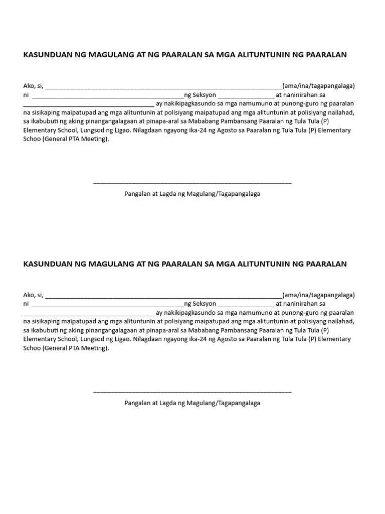 Kasunduan NG Magulang at NG Paaralan Sa Mga Alituntunin NG Paaralan | PDF