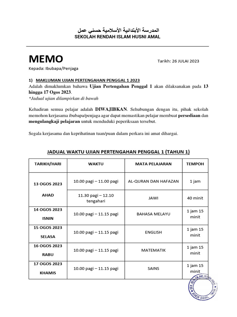 Memo Ujian Pertengahan Penggal 1 2023 | PDF