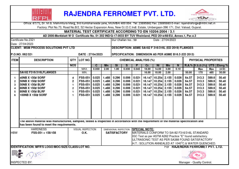 Rajendra Ferromet Pvt. LTD.: Material Test Certificate According To en ...