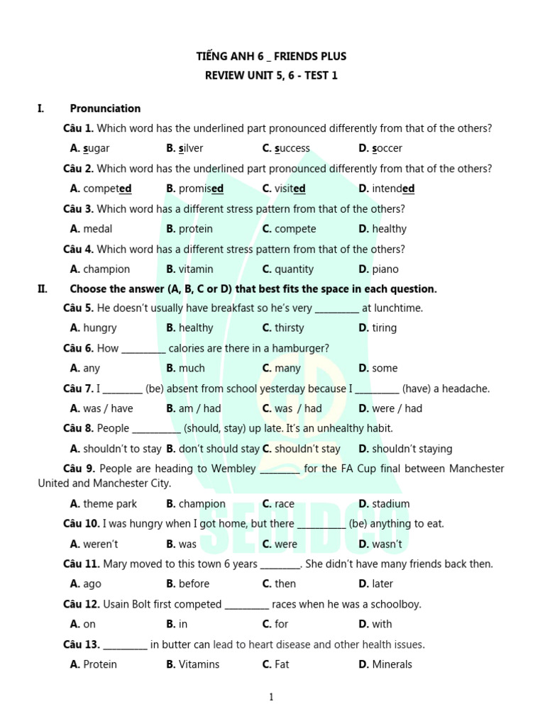 Tieng Anh 6 Friends Plus - Review Unit 5&6 - Test 1 | PDF