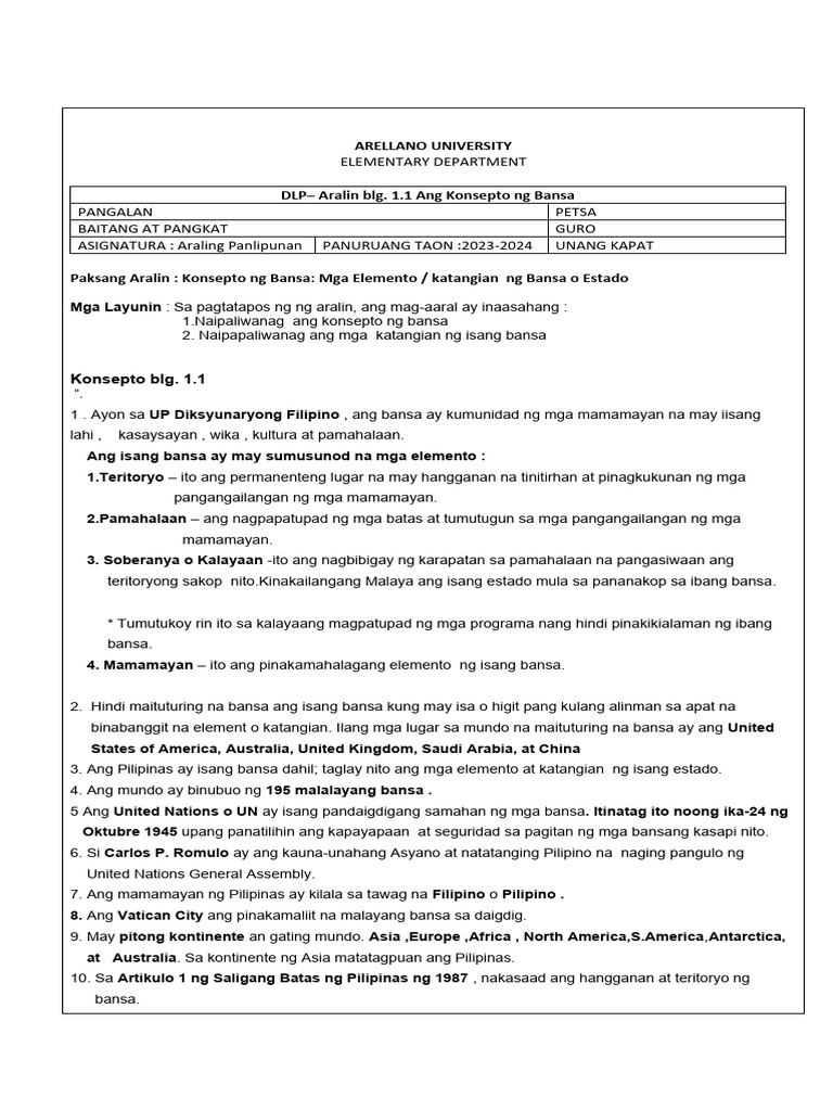 AP 4 DLP Aralin 1.1 - Ang Konsepto NG Bansa (Revised) | PDF
