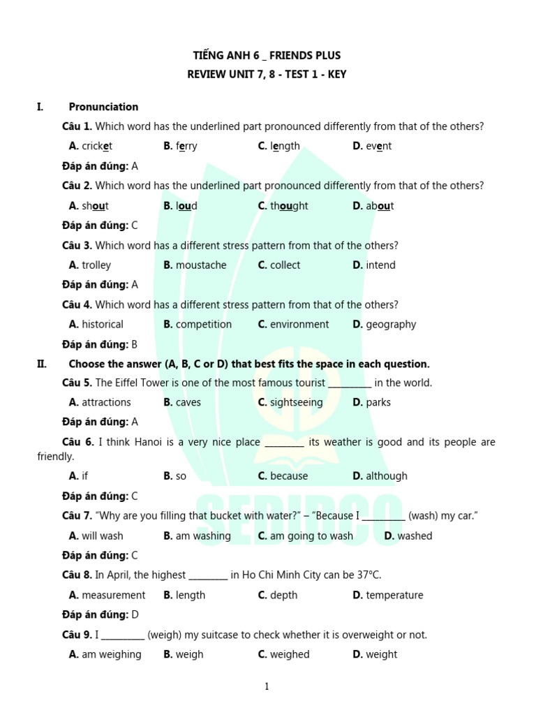 Tieng Anh 6 Friends Plus - Review Unit 7&8 - Test 1 (Key) | PDF
