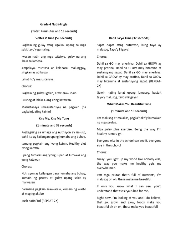 Grade 4 Nutri-Jingle 2023 (Lyrics To Be Memorized) | PDF