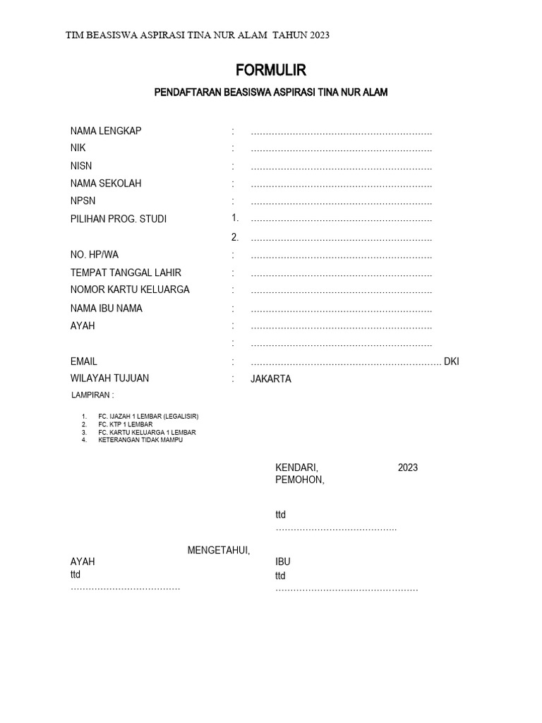 Formulir Beasiswa Aspirasi TNA KIP 2023 | PDF