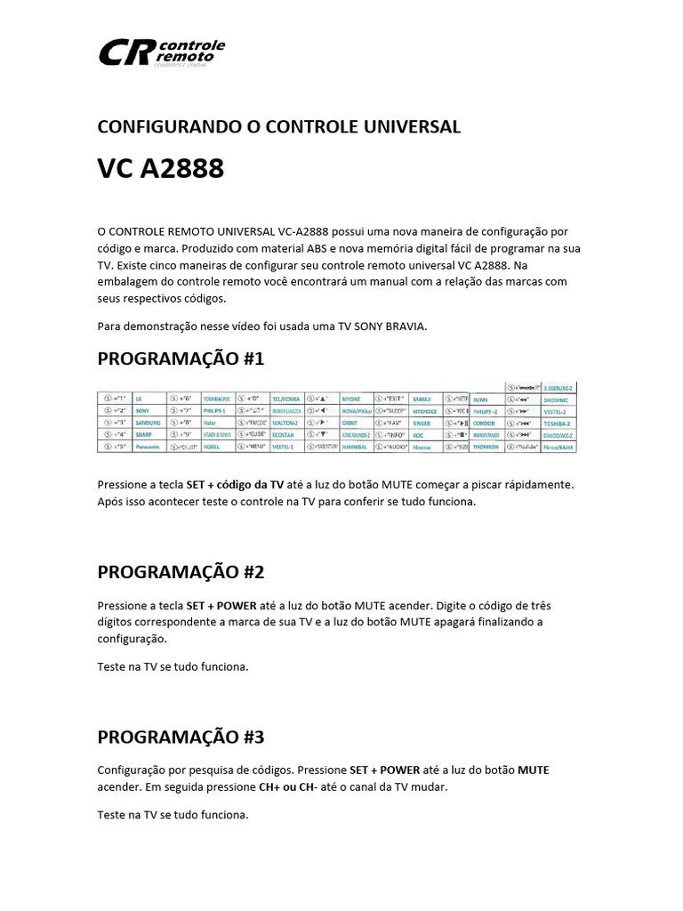 Configurando o Controle Universal VC A2888 | PDF
