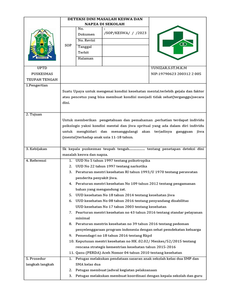 Sop Deteksi Dini Masalah Keswa Dan Nafza 2023 Disekolah | PDF ...