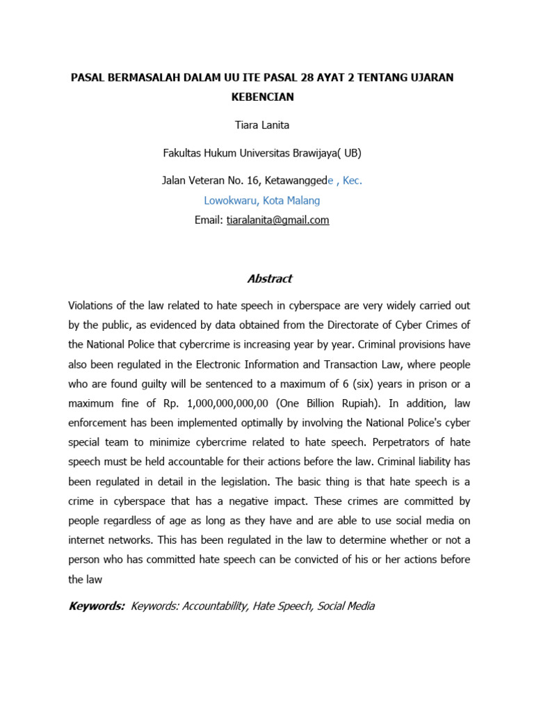 Pasal Bermasalah Dalam Uu Ite Pasal 28 Ayat 2 Tentang Ujaran Kebencian | PDF