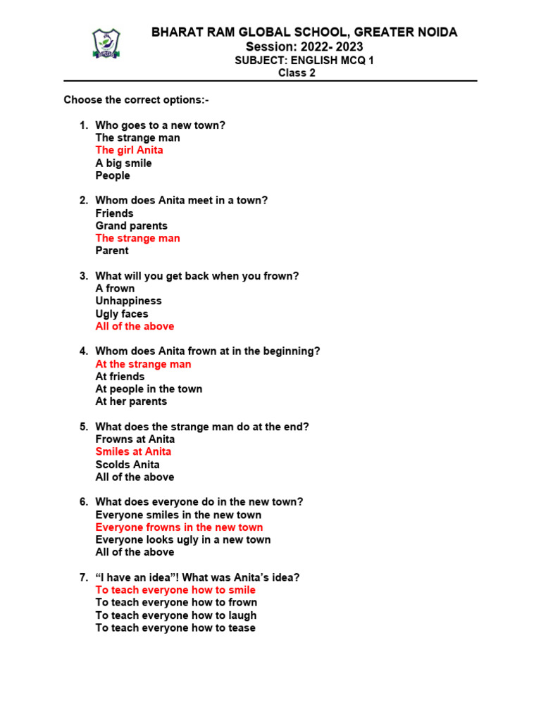 Class 2 English MCQs on Smiling | PDF | Games & Activities | Travel