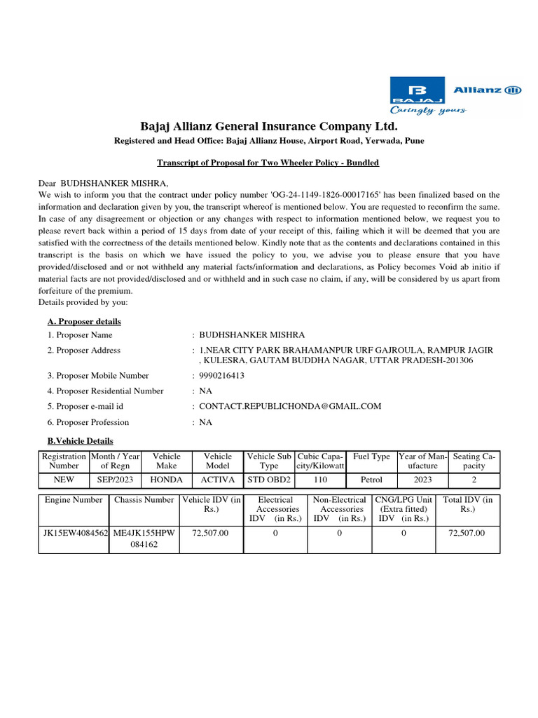 Bajaj Allianz Two Wheeler Insurance Policy | PDF | Insurance | Vehicle ...