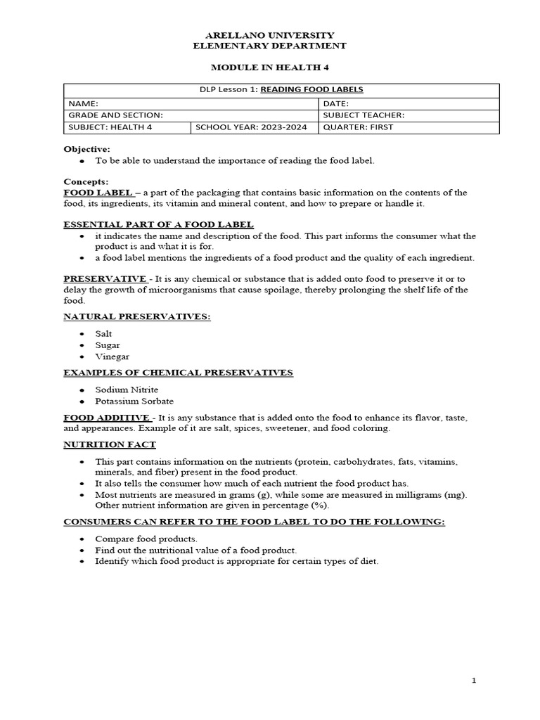 Health 4 DLP Lesson 1.1 - Reading Food Labels | PDF | Foods | Nutrition ...
