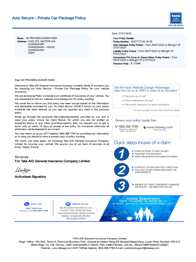 Tata AIG Motor Policy Schedule - 3184 - 6201777142-00 | PDF | Insurance ...