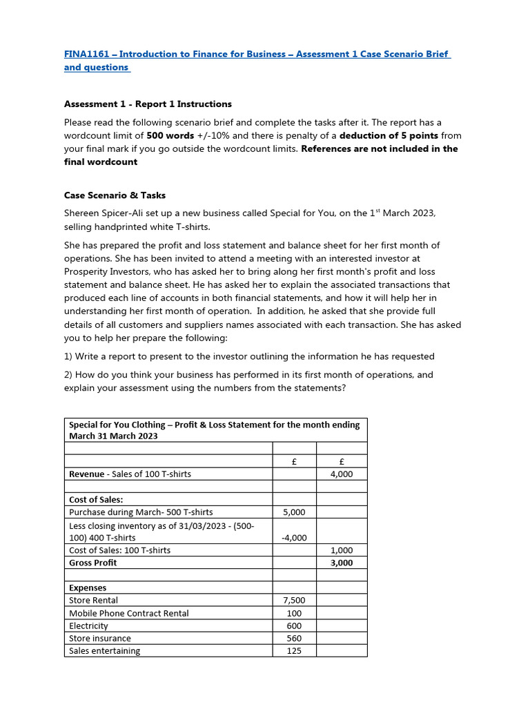 FIN1161 - Introduction To Finance For Business - Report 1-Case Scenario ...