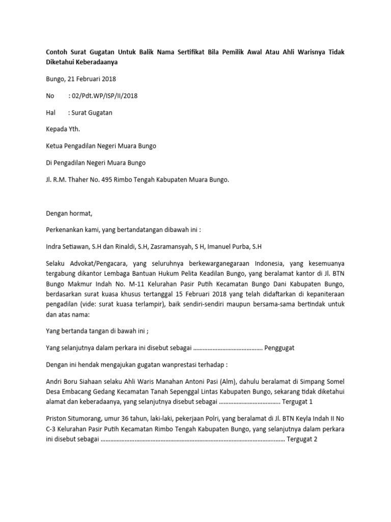 Contoh Surat Gugatan Tanah | PDF