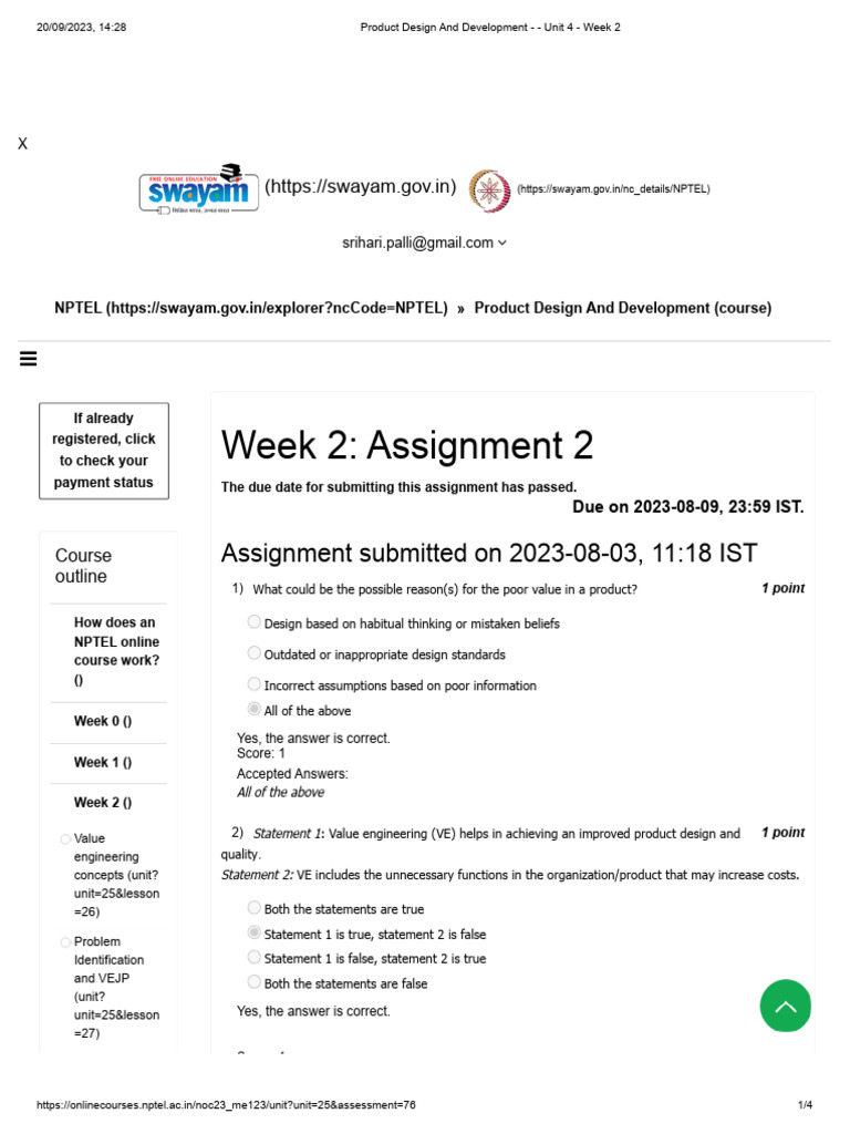 NPTEL Product Design and Development - Unit 4 - Week 2 - Ass2 | PDF