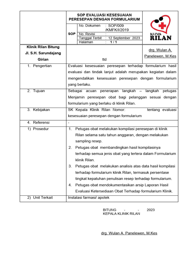 Sop Evaluasi Kesesuaian Peresepan Dan Formularium | PDF
