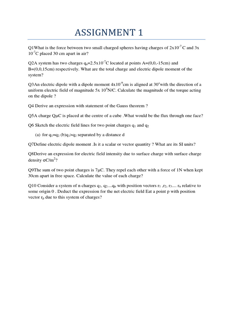 Physics XII Assgn 1 | PDF