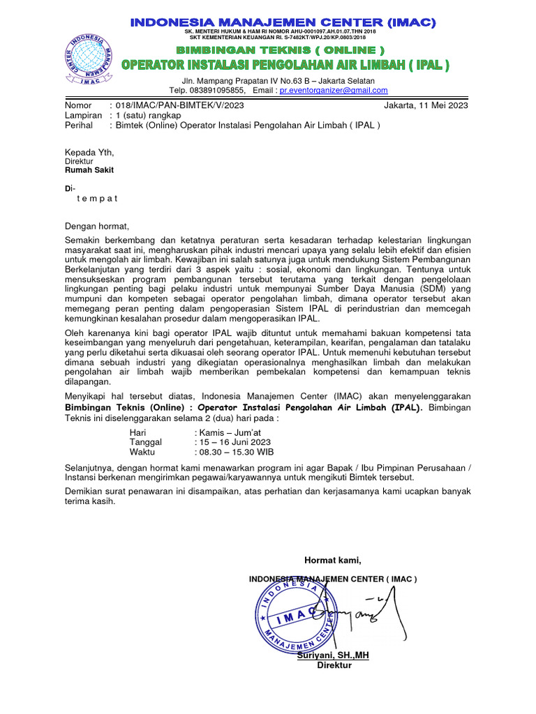 BIMTEK OPERATOR INSTALASI PENGOLAHAN AIR LIMBAH (IPAL) - Juni 2023 | PDF