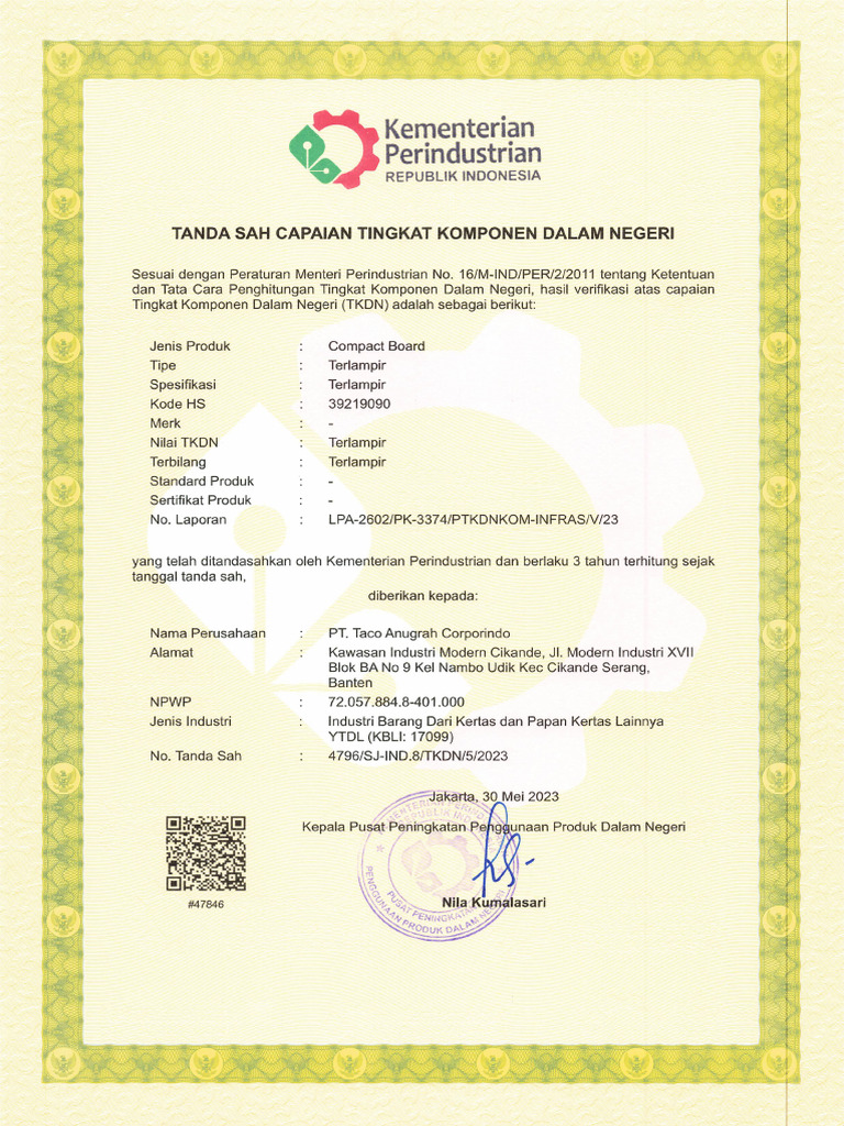 Sertifikat TKDN Tacompact PT. Taco Anugrah Corporindo - 4797 - 4796 | PDF