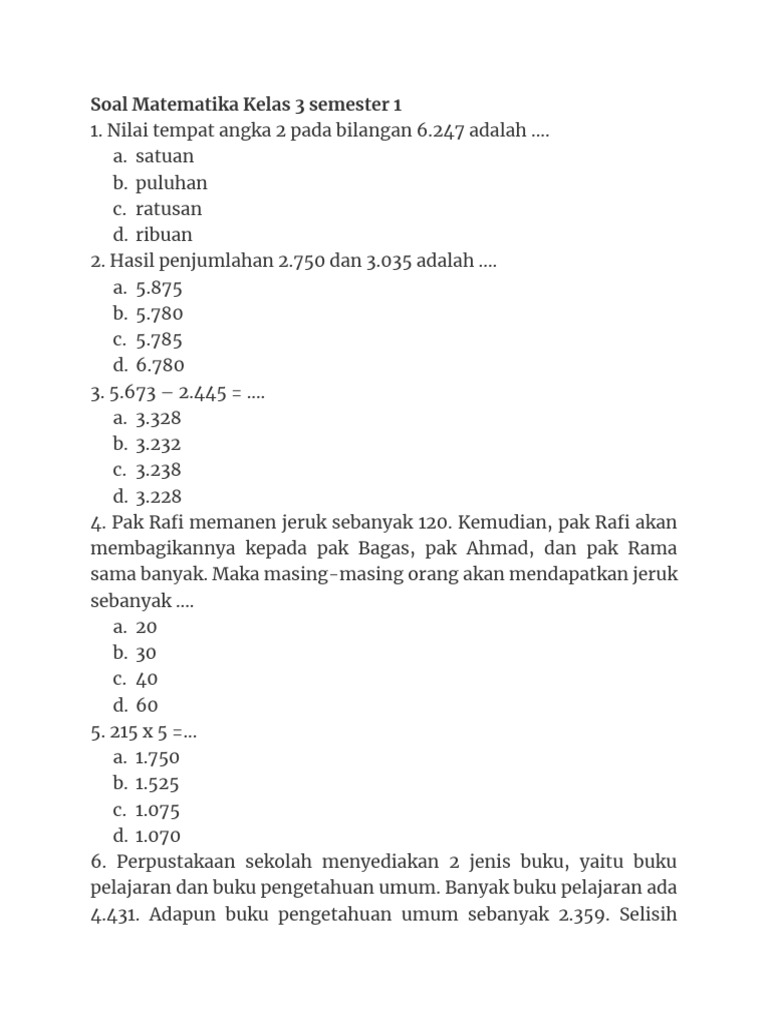Soal Matematika Kelas 3 Semester 1 | PDF | Griya & Taman