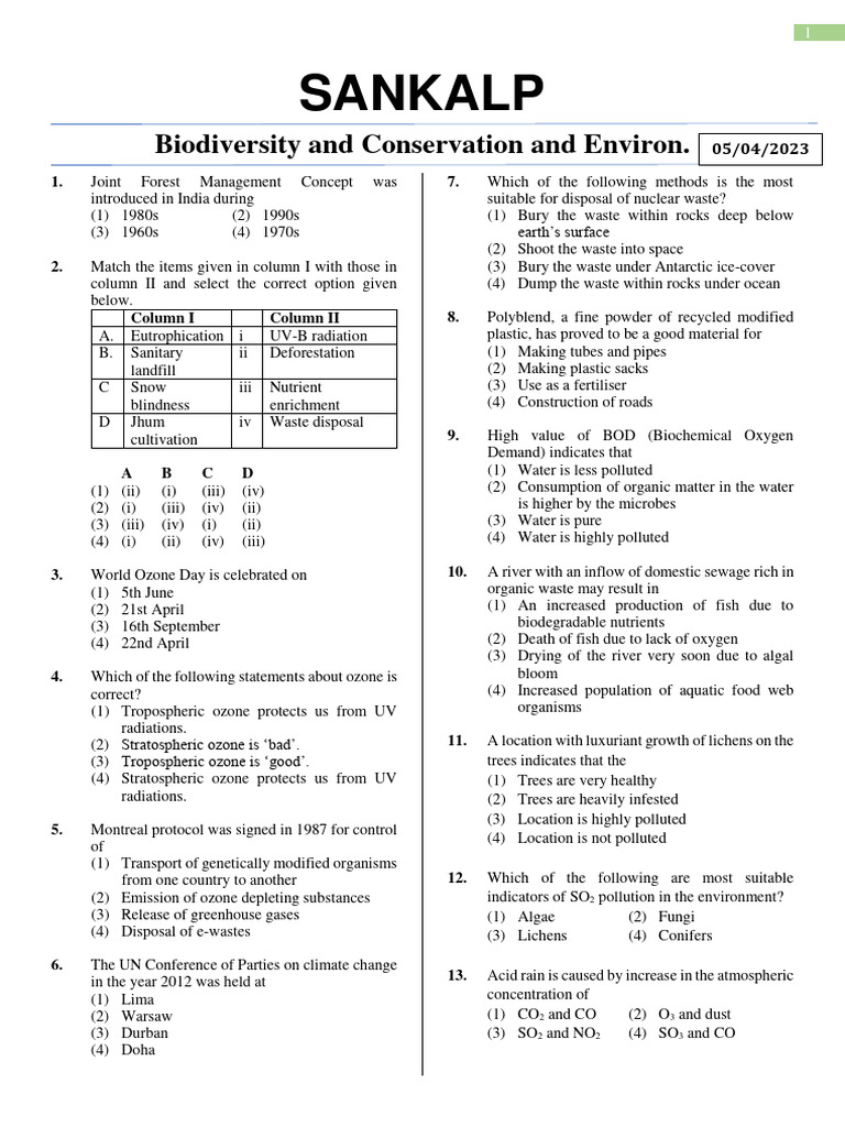 Biodiversity and Conservation and Environmental - Questions | PDF