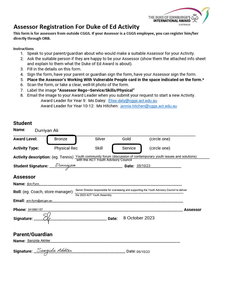 Duke of Ed Assessor Registration Form | PDF